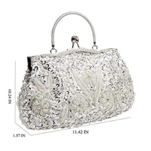 Gets Noble Beaded Sequin Flower Evening Purse Large Clutch Bag Handbag for Women (Silver)