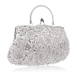 Gets Noble Beaded Sequin Flower Evening Purse Large Clutch Bag Handbag for Women (Silver)