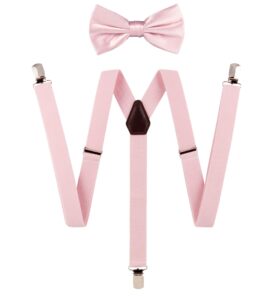 tie g solid color men's suspender + woven bow tie set for wedding : vivid color, adjustable brace, strong enhanced clip, elastic band (blush)