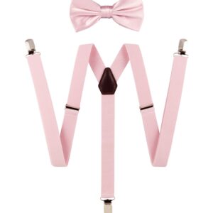 TIE G Solid Color Men's Suspender + Woven Bow Tie Set for Wedding : Vivid Color, Adjustable Brace, Strong Enhanced Clip, Elastic Band (Blush)