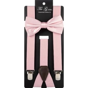 TIE G Solid Color Men's Suspender + Woven Bow Tie Set for Wedding : Vivid Color, Adjustable Brace, Strong Enhanced Clip, Elastic Band (Blush)