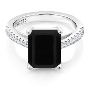 gem stone king 925 sterling silver black onyx and white created sapphire women's wedding engagement ring (3.39 cttw, gemstone birthstone, 10x8mm emerald cut, available in size 5, 6, 7, 8, 9)