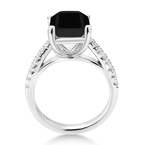 Gem Stone King 925 Sterling Silver Black Onyx and White Created Sapphire Women's Wedding Engagement Ring (3.39 Cttw, Gemstone Birthstone, 10X8MM Emerald Cut, Available In Size 5, 6, 7, 8, 9)