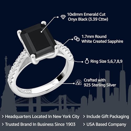 Gem Stone King 925 Sterling Silver Black Onyx and White Created Sapphire Women's Wedding Engagement Ring (3.39 Cttw, Gemstone Birthstone, 10X8MM Emerald Cut, Available In Size 5, 6, 7, 8, 9)