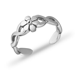 sea of ice toe rings for women sterling silver – braided flower daisy ring for women – premium 925 sterling silver toe rings for women – adjustable silver band ring