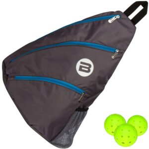 besta premium pickleball bag. padded sling bag with 3 compartments, water bottle holder and adjustable strap that switches sides. holds several paddles, balls and more. (gray with blue trim)