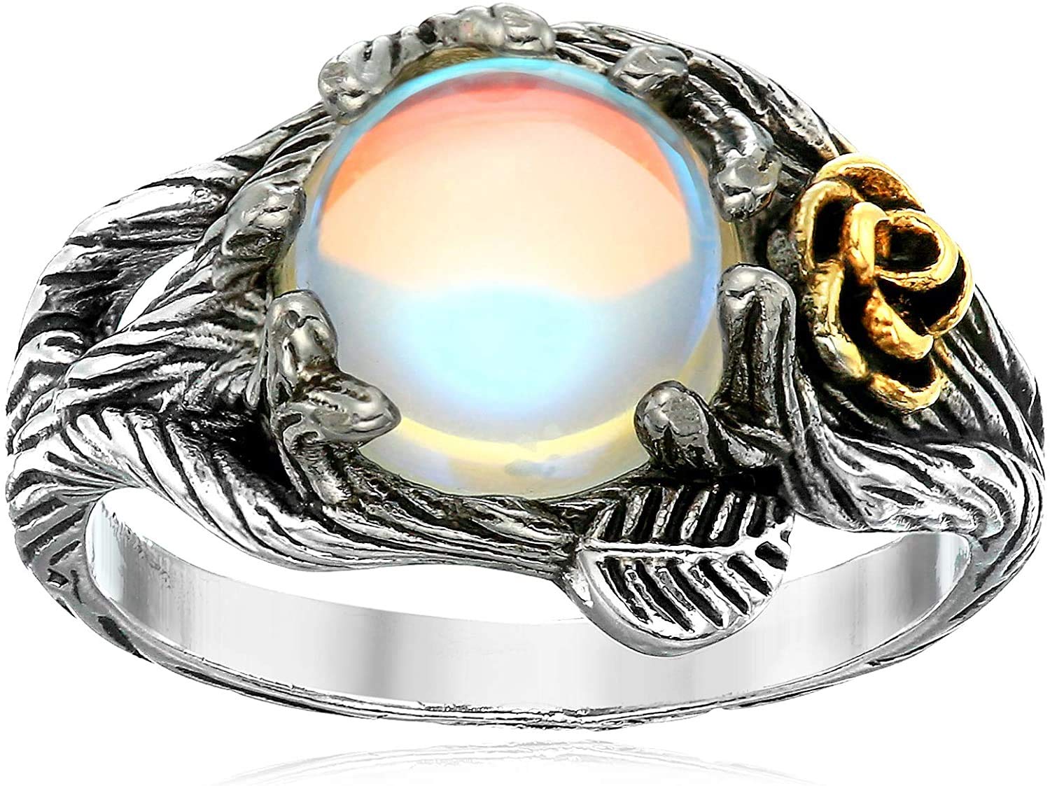 JESMING Rose Moonstone Ring Moon Ring 925 Cute Sterling Silver Rings Leaf Ring Wiccan Jewelry Rose Flower Ring Witchy Jewelry Healing Crystals Ring Antique Rings Moon Stones Ring for Women (SIZE:10)