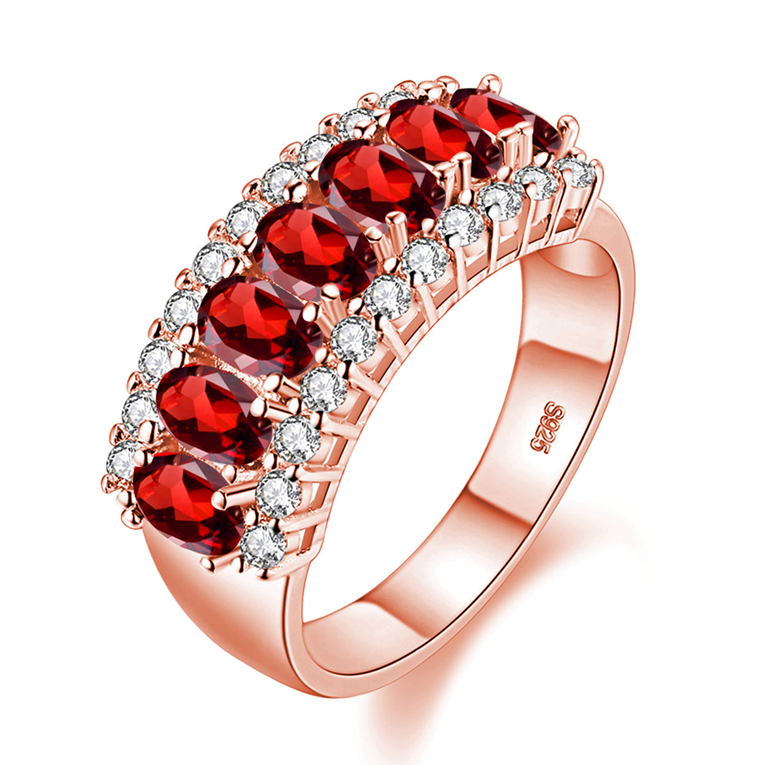 Uloveido Women's Rose Gold Plated Oval Cut Red Cubic Zirconia 7 Stone Wedding Band,Simulated Garnet Birthstone Ring J501 (Red, Size 7)