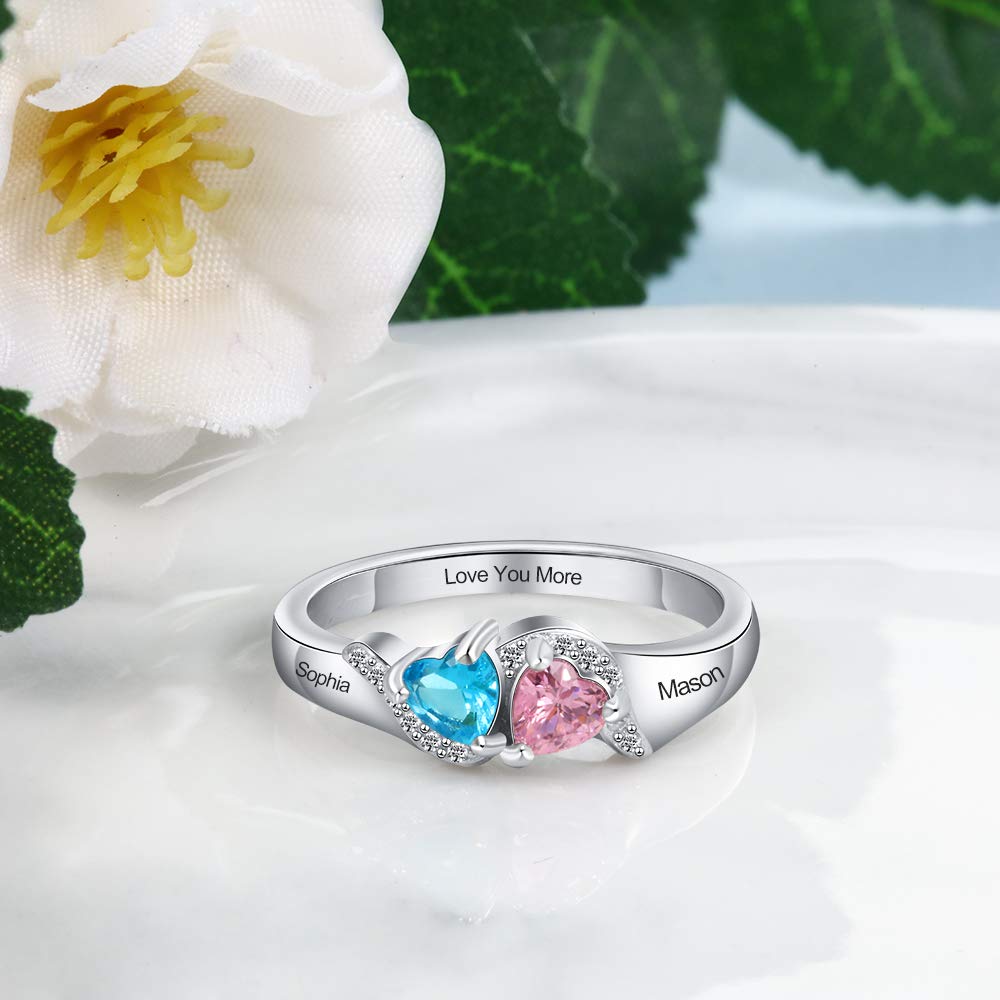 Personalized Promise Rings for Her with 2 Simulated Birthstones Mother Rings Custom Couples Name Ring for Women (7)