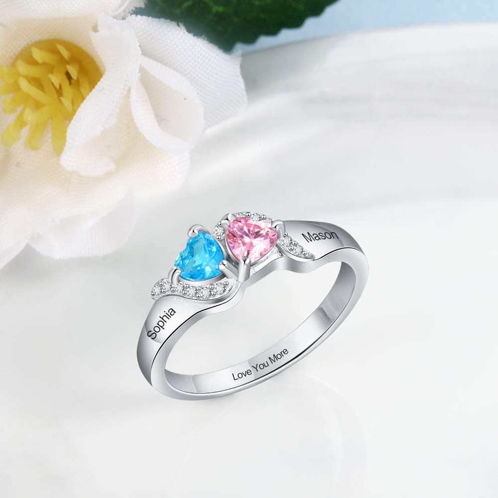 Personalized Promise Rings for Her with 2 Simulated Birthstones Mother Rings Custom Couples Name Ring for Women (7)