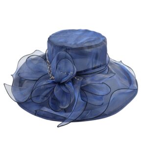 lawie women girls royal blue large flower wide brim tea party fascinator hat british cocktail easter church ladies dress hats queen fancy organza bonnet spring hat sunday cap 1900s elegant costume