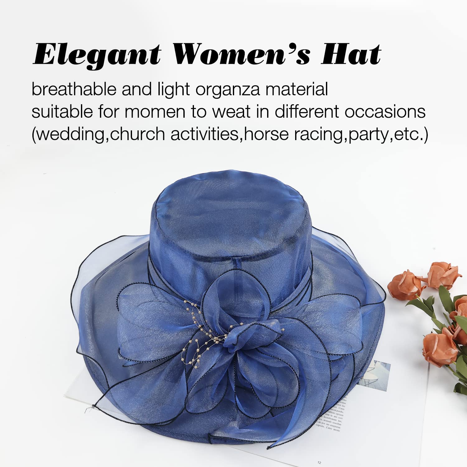 Lawie Women Girls Royal Blue Large Flower Wide Brim Tea Party Fascinator Hat British Cocktail Easter Church Ladies Dress Hats Queen Fancy Organza Bonnet Spring Hat Sunday Cap 1900s Elegant Costume