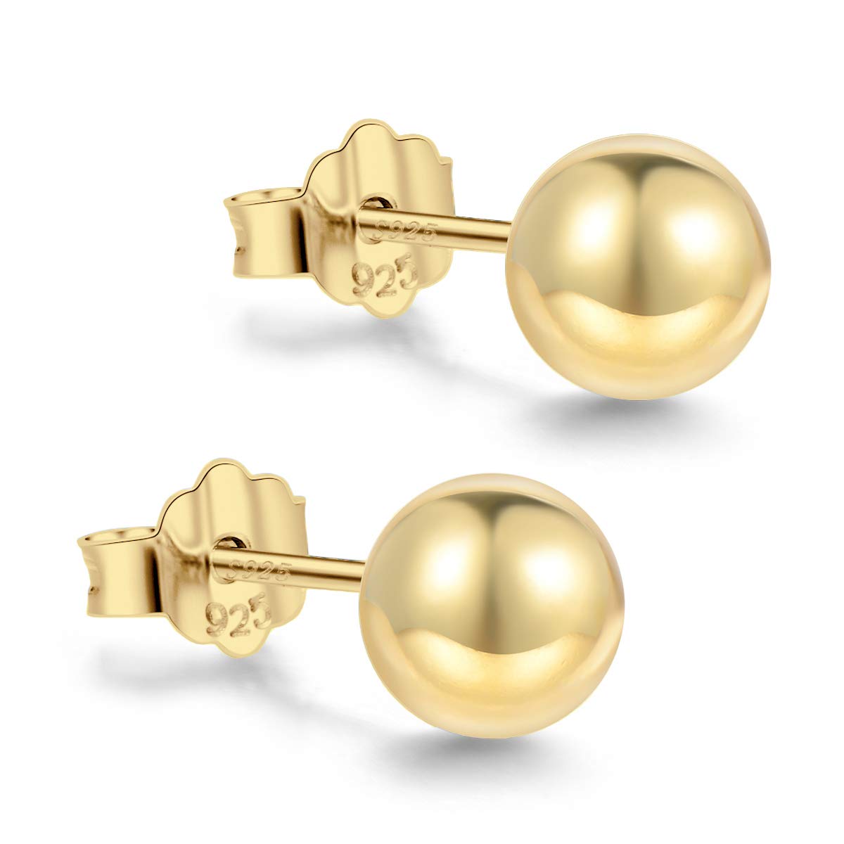 18K Gold Plated Sterling Silver Ball Stud Earrings 3mm-8mm Options, Simple Polished Ball Studs Hypoallergenic Jewelry (10mm)