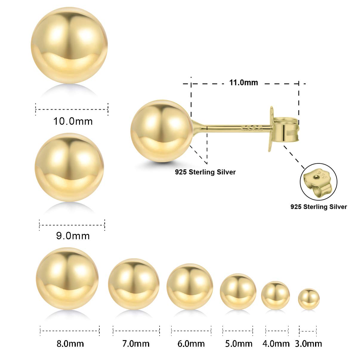 18K Gold Plated Sterling Silver Ball Stud Earrings 3mm-8mm Options, Simple Polished Ball Studs Hypoallergenic Jewelry (10mm)