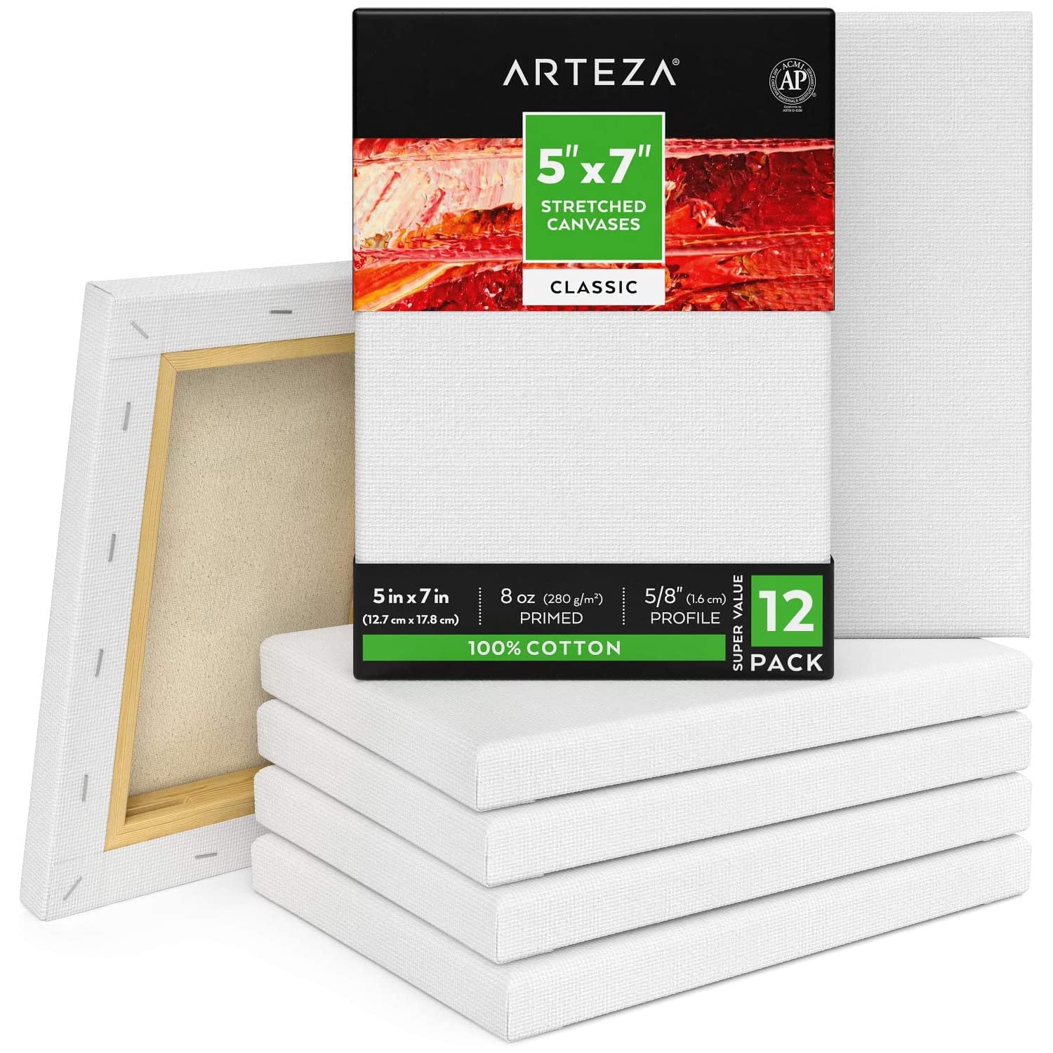 ARTEZA Stretched Canvas, 5 x 7 Inches, Pack of 12, Blank White Canvas for Painting for Acrylic, Oil and Gouache Paints