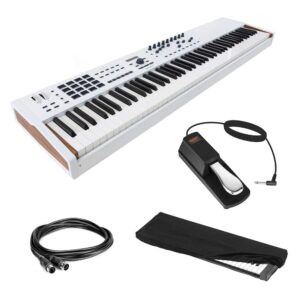 arturia keylab 88 mkii hammer-action midi controller (white) with sustain pedal, midi cable 10' & keyboard dust cover (large) bundle