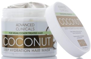 advanced clinicals coconut oil hair mask treatment deep hydration hair repair mask conditioner to strengthen dry, color-treated, weak hair & boost hair growth w/shea butter & kelp, 12 fl oz