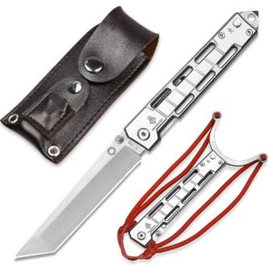 nedfoss pocket knife, 8'' tanto hunting folding knife with glass breaker, slingshot, pocket clip, survival knife for emergency rescue situations, home improvements, cool knives for men (sliver)