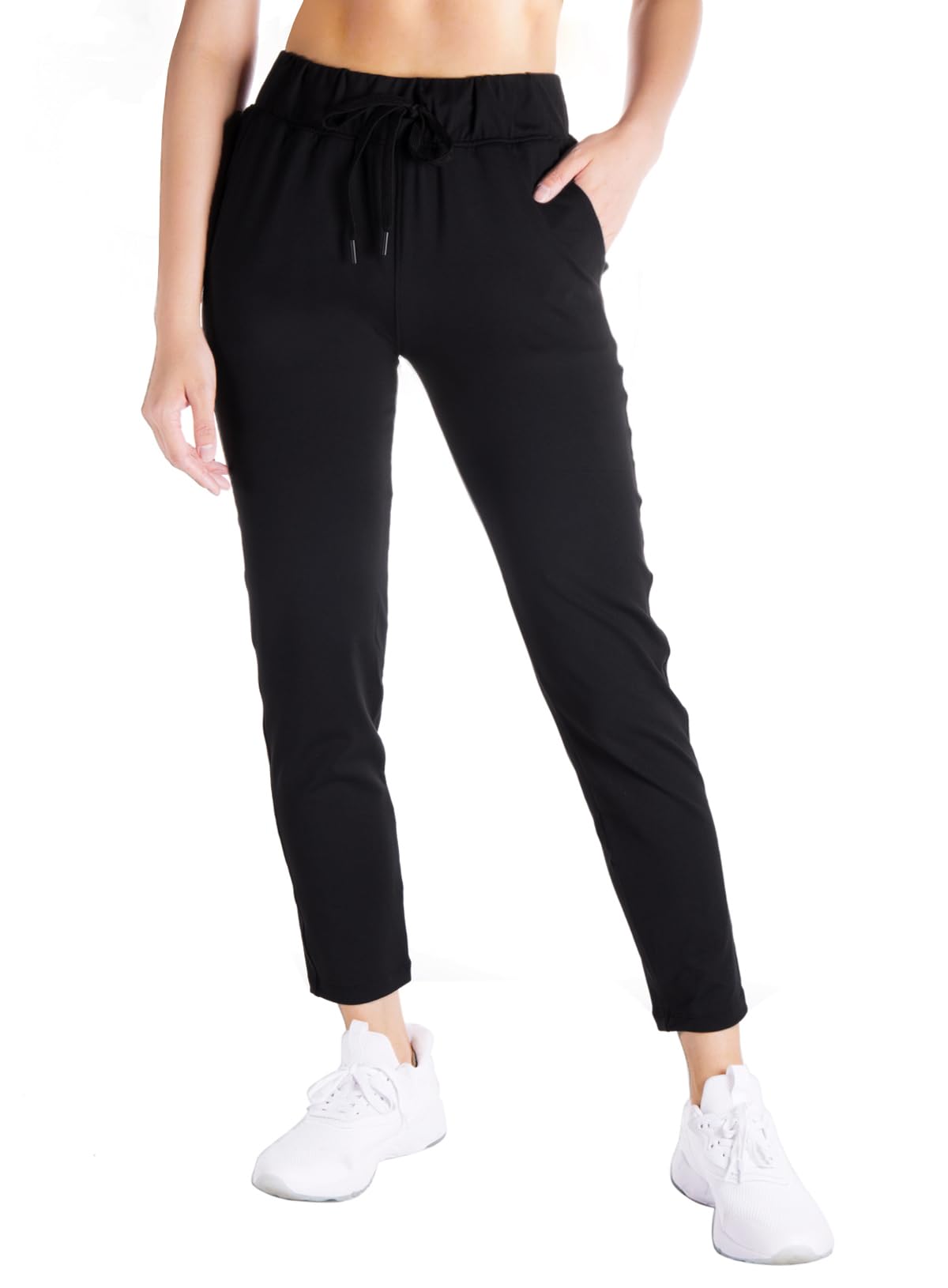 Yogipace Petite Women's 7/8 On The Fly Pants Drawstring Casual Lounge Joggers Travel Sweatpants,Black,24",Size XXL