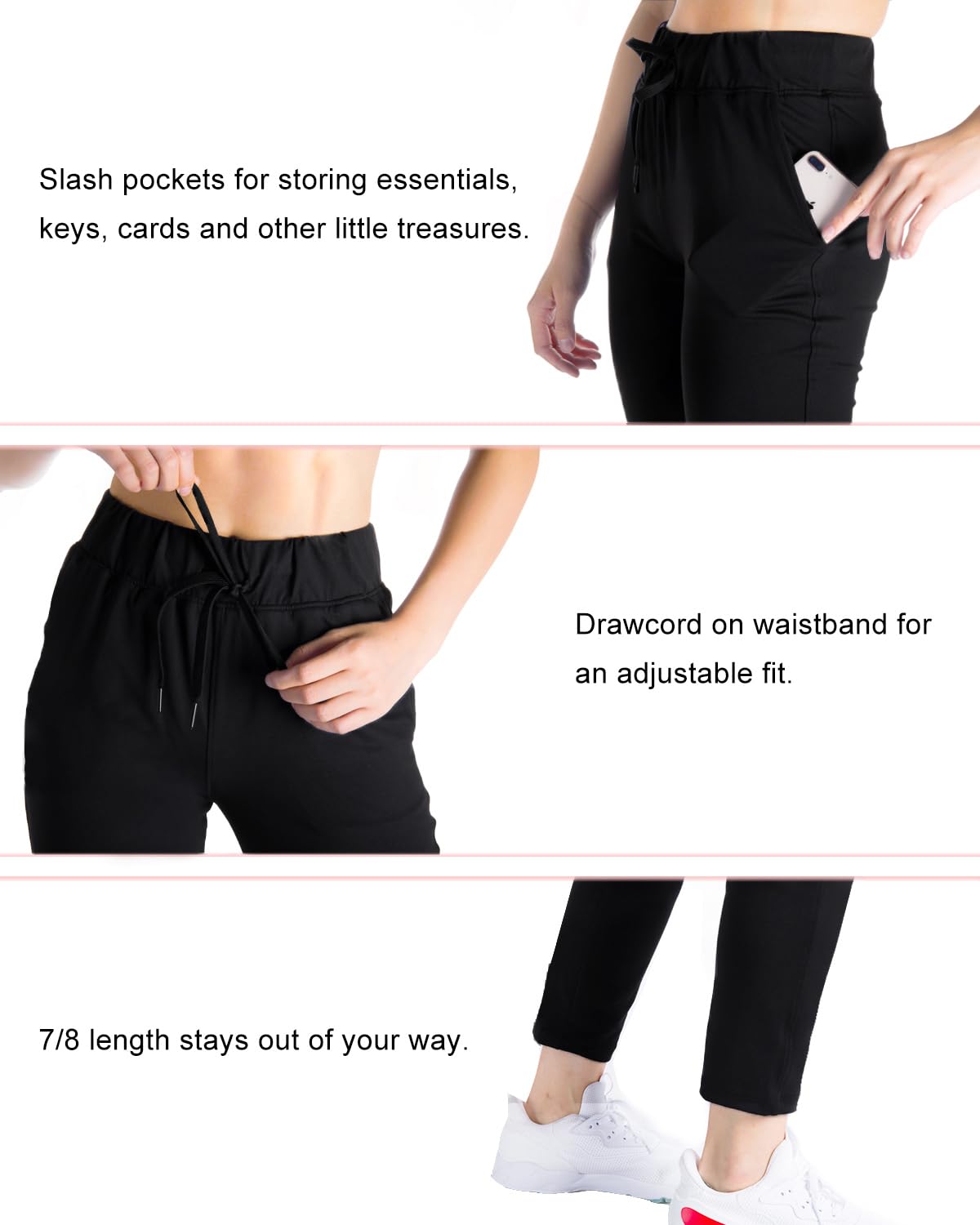 Yogipace Petite Women's 7/8 On The Fly Pants Drawstring Casual Lounge Joggers Travel Sweatpants,Black,24",Size XXL