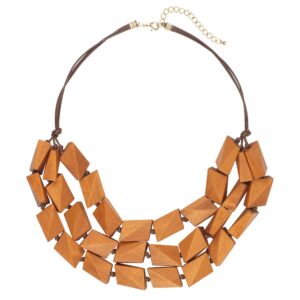 coiris 3 layers big faceted wood beaded strand statement necklace for women chunky collar (n0018-light brown)