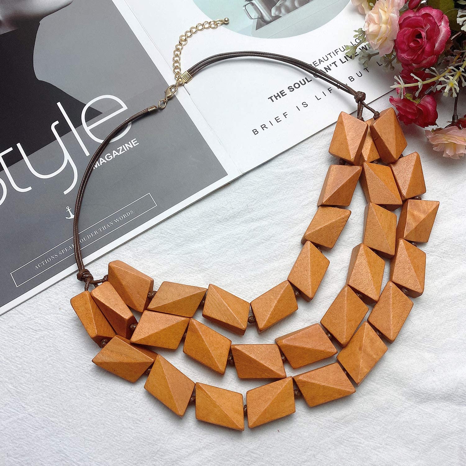 Coiris 3 Layers Big Faceted Wood Beaded Strand Statement Necklace for Women Chunky Collar (N0018-Light Brown)