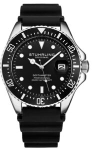 stuhrling original men's watch dive watch silver 42 mm case with screw down crown rubber strap water resistant to 330 ft (black)