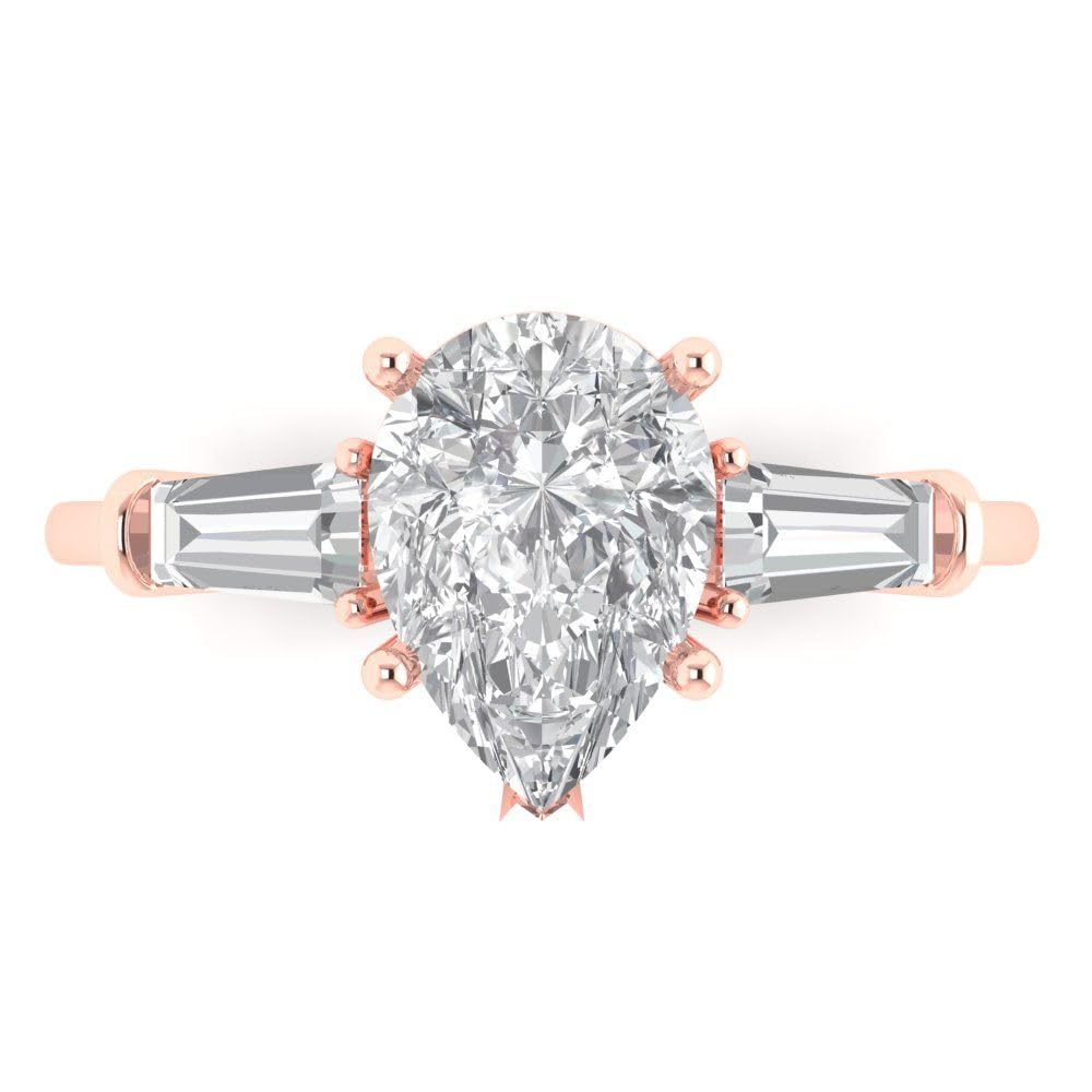 Clara Pucci 2.44ct Pear Baguette cut 3 stone Solitaire Moissanite Designer Wedding Bridal art deco Anniversary Ring 14k Rose Gold