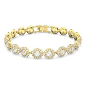 swarovski una angelic tennis bracelet, clear circle-cut swarovski crystals with matching crystal pavé on a gold tone finish setting, part of the swarovski una angelic collection