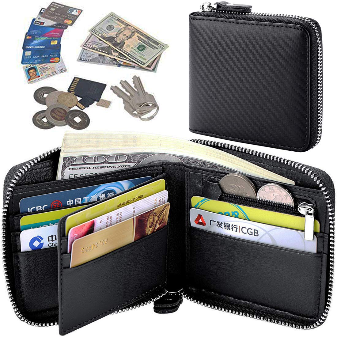 Huztencor Wallet with Zipper for Men RFID Blocking Wallets for Men Leather Zip Around Bifold Multi Card Holder Purse Carbon Fiber Black