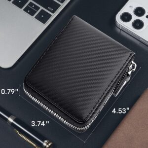 Huztencor Wallet with Zipper for Men RFID Blocking Wallets for Men Leather Zip Around Bifold Multi Card Holder Purse Carbon Fiber Black