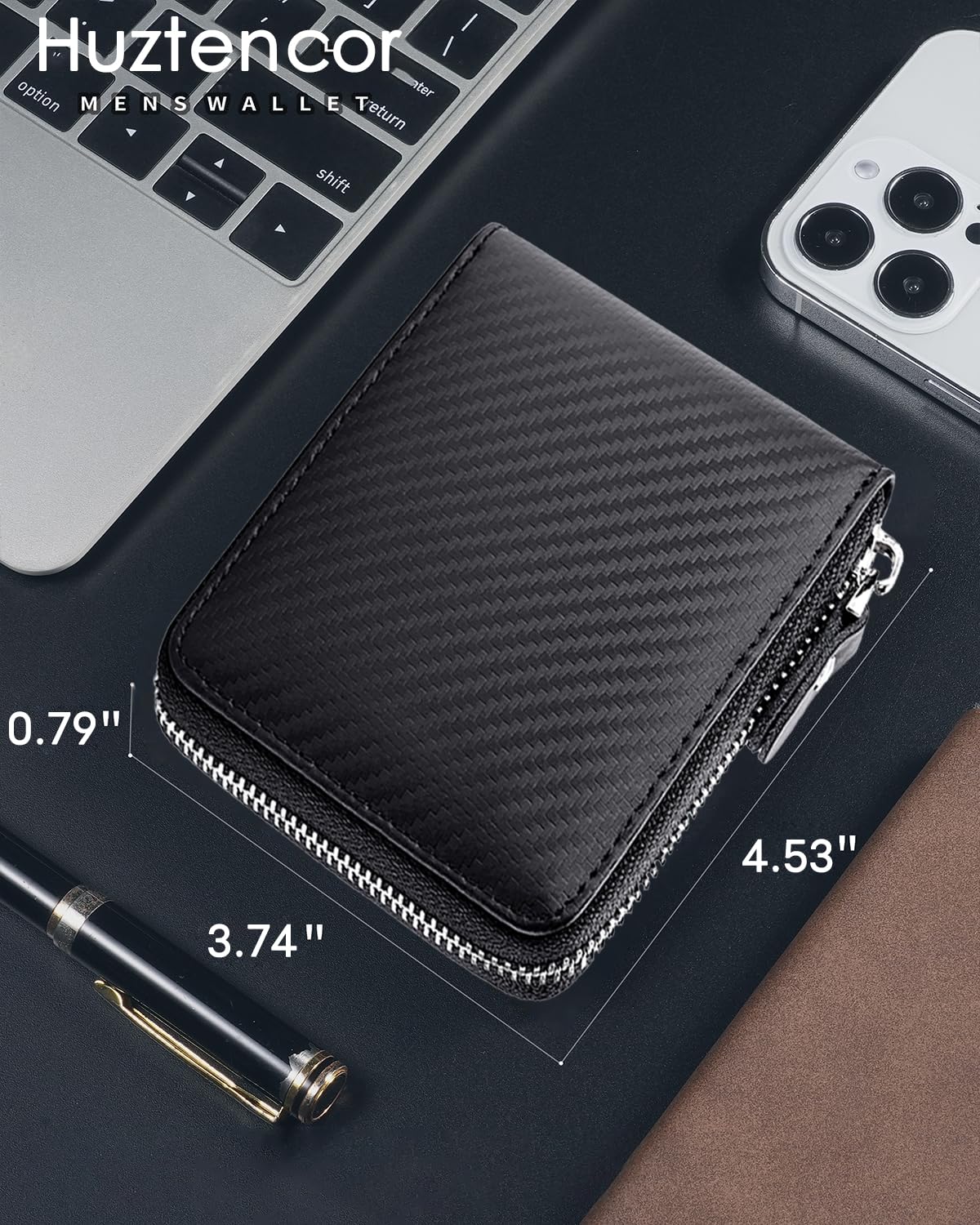 Huztencor Wallet with Zipper for Men RFID Blocking Wallets for Men Leather Zip Around Bifold Multi Card Holder Purse Carbon Fiber Black