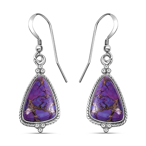 Shop LC Purple Turquoise Dangle Drop Earrings in 925 Sterling Silver - Handmade Western Jewelry for Women - Boho Beach Dangling Earrings - Unique Gifts for Sister, Wife, Mom, & Grandma Gifts for