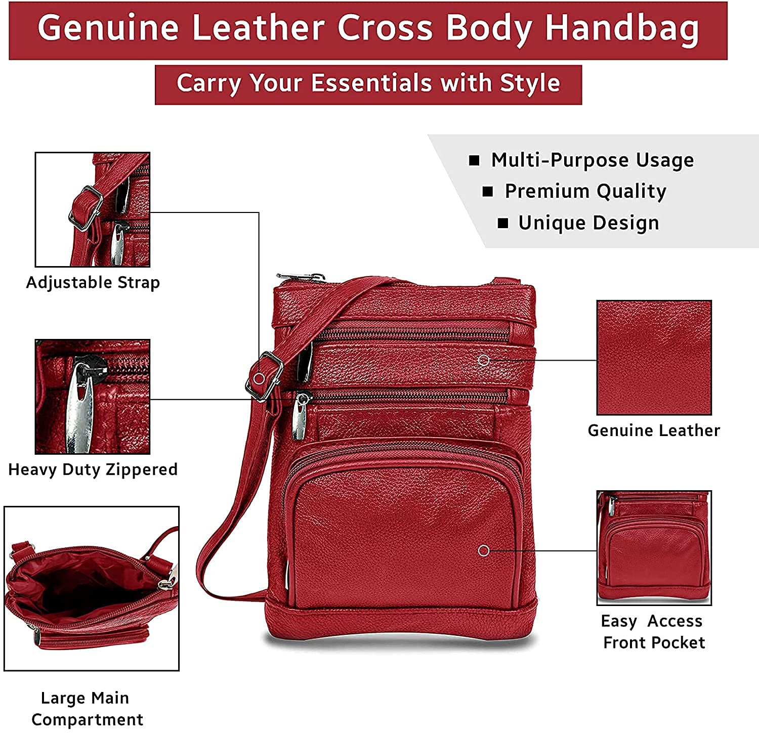 Krediz leather crossbody bags for women, Multi Pocket crossbody purse with Adjustable Strap, Soft & Durable Leather Purse