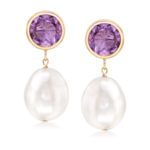 ross-simons 10-11mm cultured pearl and 4.00 ct. t.w. amethyst drop earrings in 14kt yellow gold