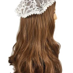 PAMOR Chapel Cap Veil Floral Lace Mantilla Inspired Circle Round Head Covering (White)