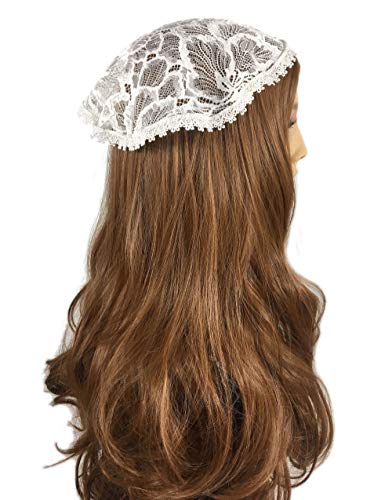 PAMOR Chapel Cap Veil Floral Lace Mantilla Inspired Circle Round Head Covering (White)