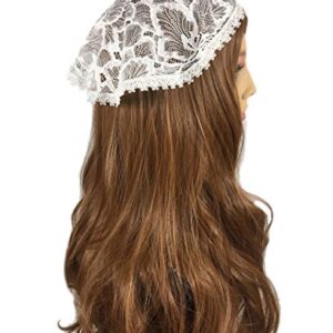 PAMOR Chapel Cap Veil Floral Lace Mantilla Inspired Circle Round Head Covering (White)