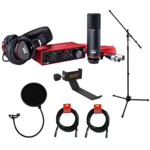 focusrite scarlett 2i2 studio 3rd gen 2-in, 2-out usb audio interface with microphone & headphones, tripod mic stand + boom, headphone holder, pop filter & 2x xlr cable bundle