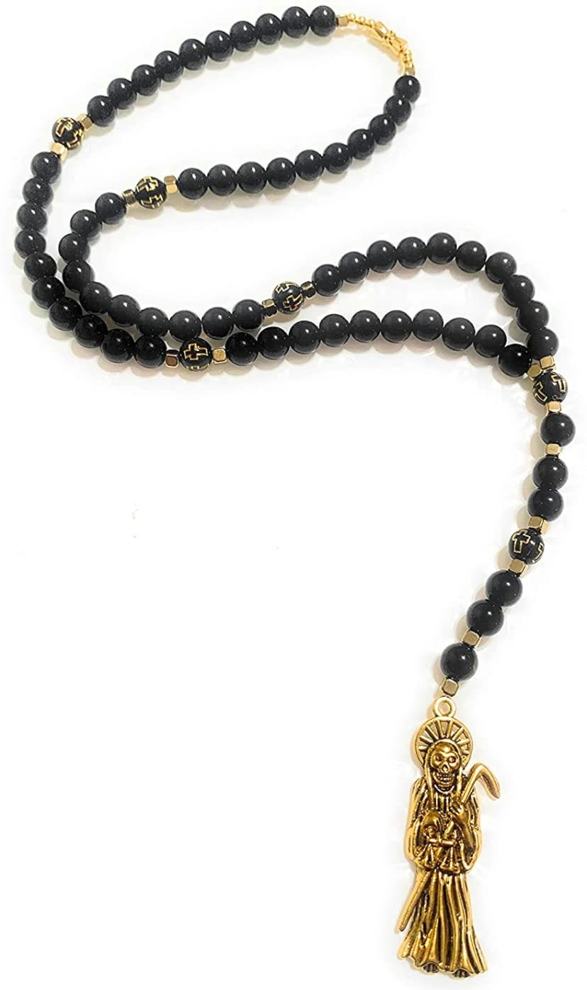 Acrylic Holy death's necklace, rosary style. Collar de la Santa Muerte de acrilico estilo rosario. Grim reaper Y style necklace.