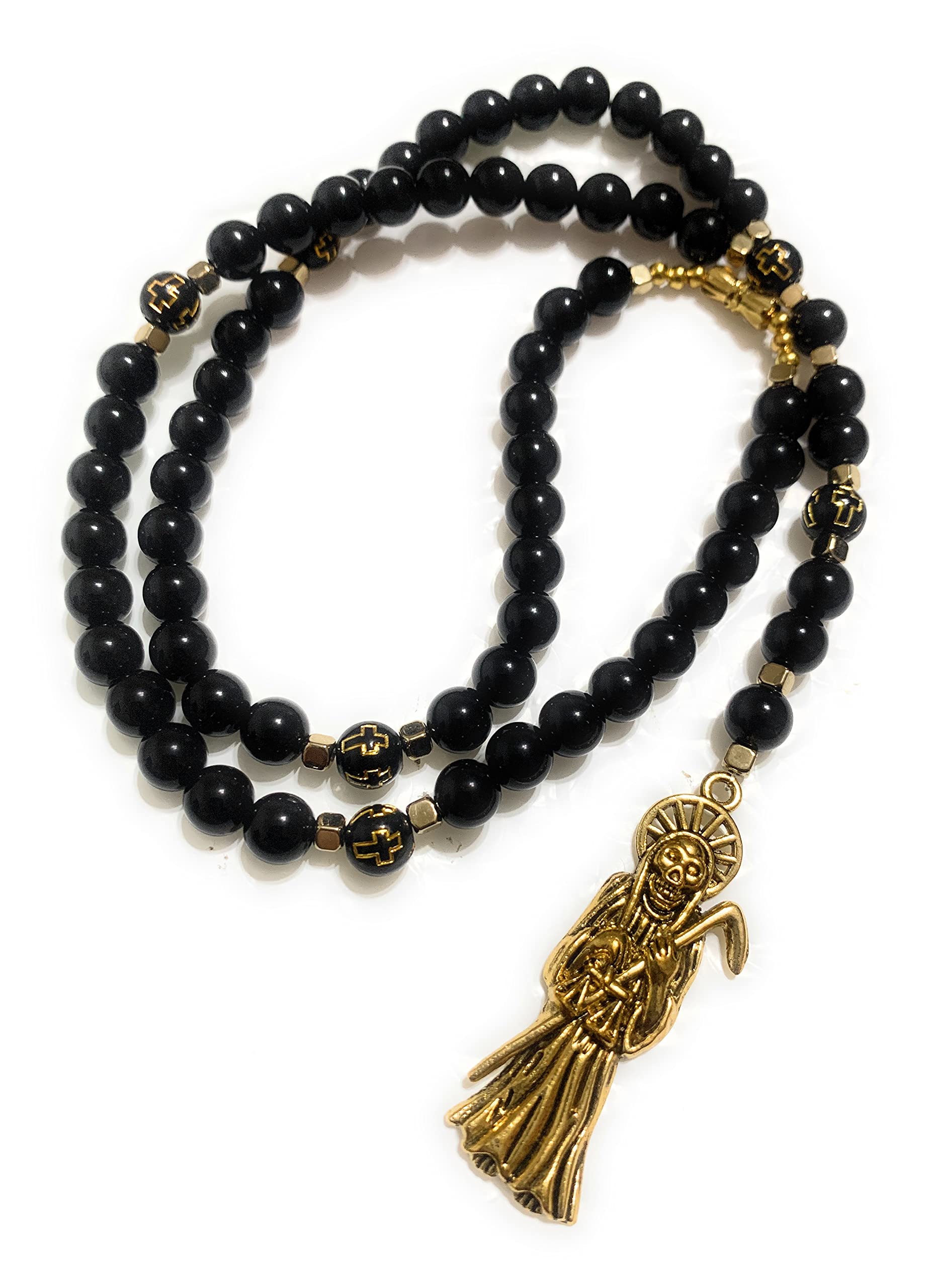 Acrylic Holy death's necklace, rosary style. Collar de la Santa Muerte de acrilico estilo rosario. Grim reaper Y style necklace.