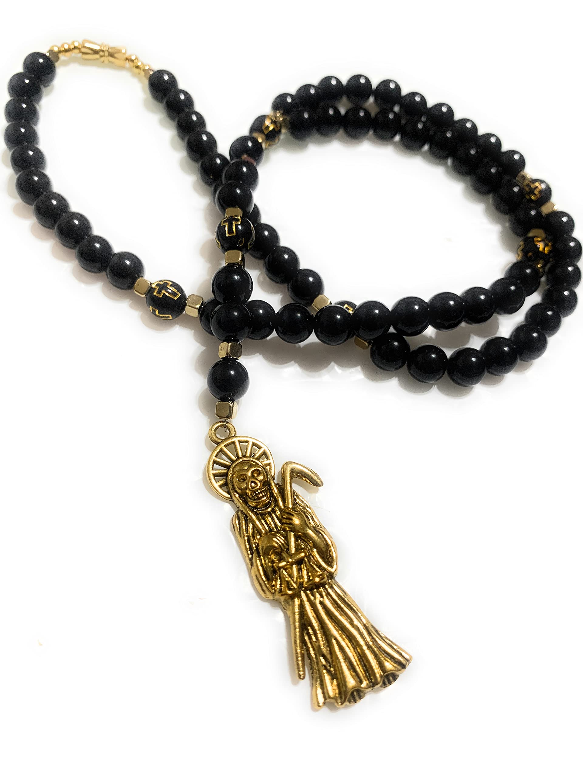 Acrylic Holy death's necklace, rosary style. Collar de la Santa Muerte de acrilico estilo rosario. Grim reaper Y style necklace.