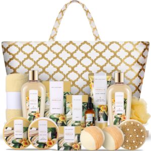 spa luxetique gift baskets for women,15 pcs vanilla spa gifts for women, gifts for women with bubble bath, bath salt, bath bombs birthday gifts for woman with tote bag, spa baskets for women gift