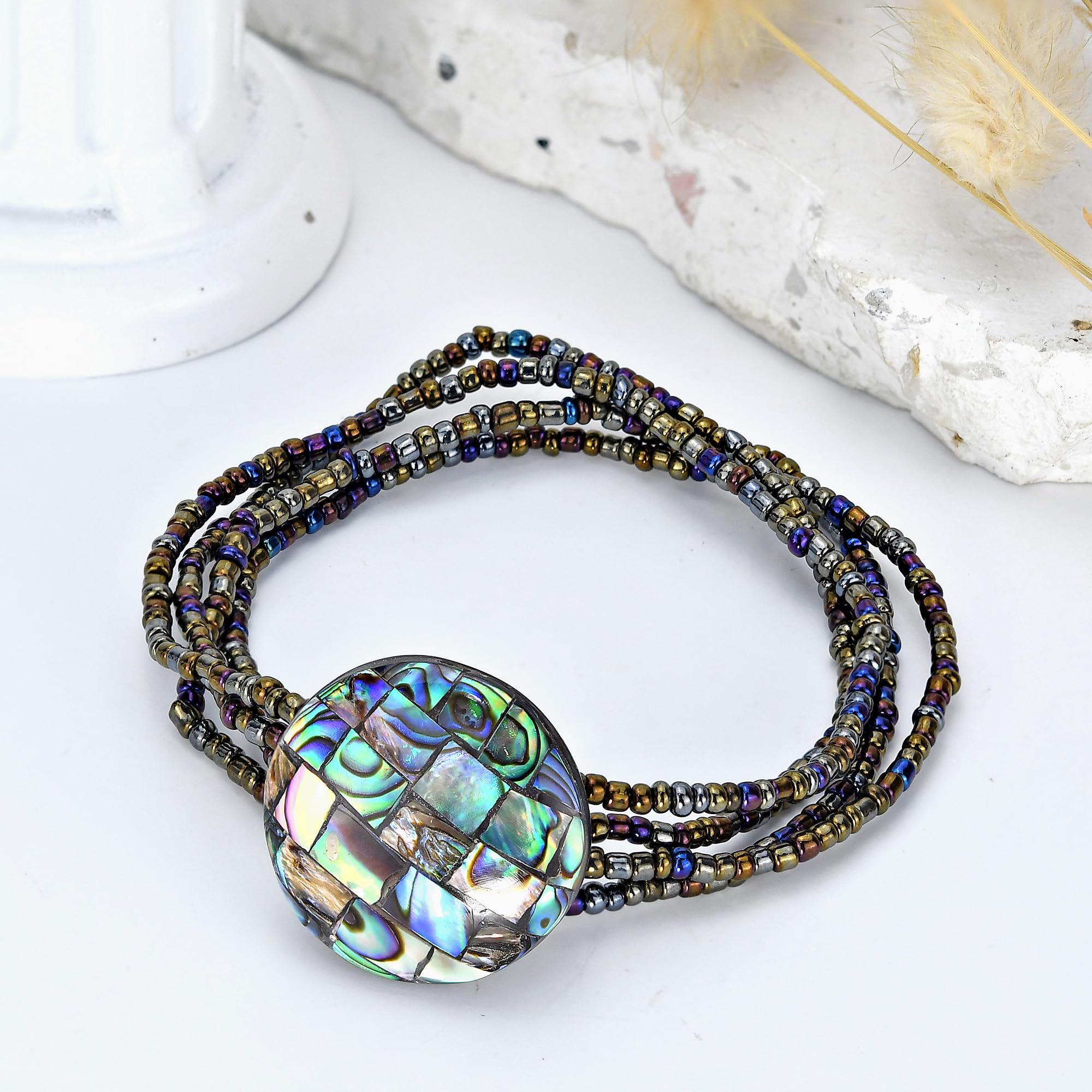 AeraVida Vibrantly Colored Abalone Shell Mosaic and Bead Multi-strand Bracelet | Mosaic Glass Bead Bracelet | Abalone Shell Bracelet for Women | Beaded Handmade Bracelet