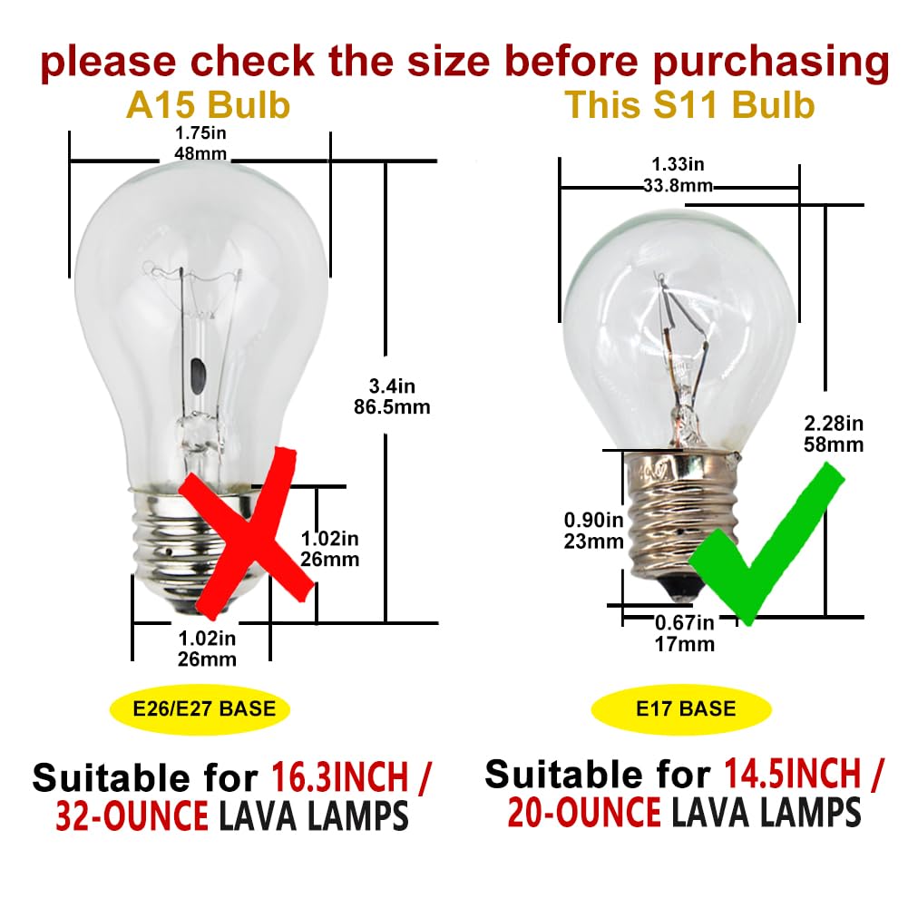 8 Pack S11 Intermediate E17 Base 25 Watt Bulbs for Lava Lamps,Replacement Bulbs for Lava Lamps,Glitter Lamps(8 Pack)