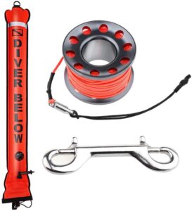 4ft red scuba diving open bottom surface marker buoy (smb) with 49ft finger spool alloy dive reel and double ended bolt clip - gray