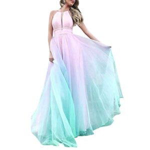 womens maxi dress elegant sleeveless halter gradient color patchwork evening flowy dress (l, pink)