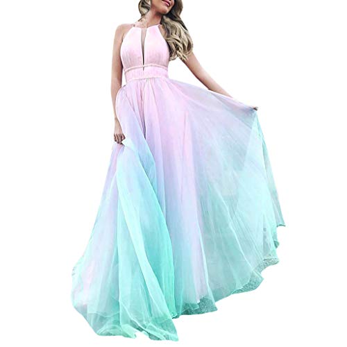 Womens Maxi Dress Elegant Sleeveless Halter Gradient Color Patchwork Evening Flowy Dress (L, Pink)