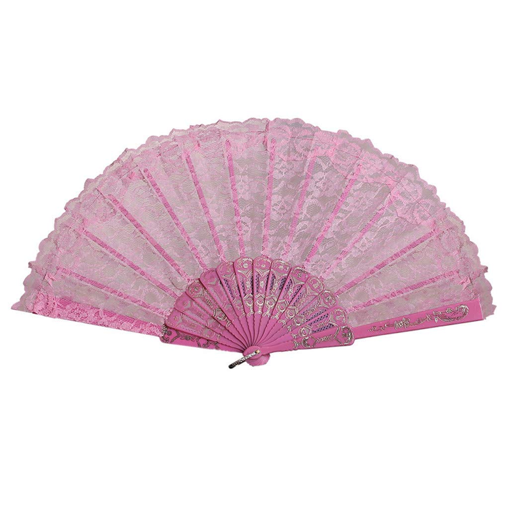 Uqiangy Chinese Style Lace Silk Folding Hand Fan (Pink)