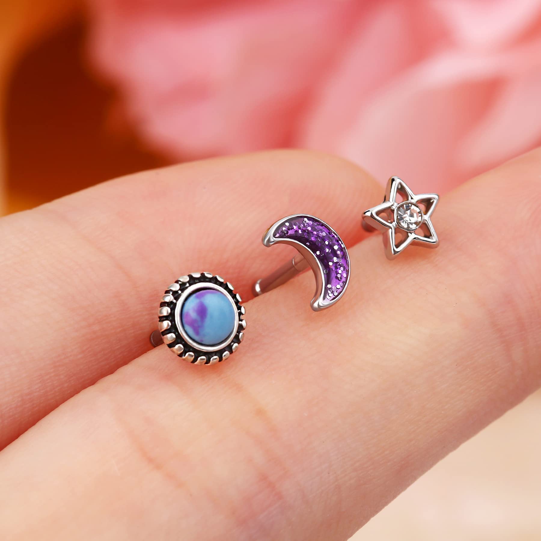 Jewseen Nose Rings Set 3PCS Moon Star Marble Stone Nose Piercing 18g Stud Rings Body Piercing Jewelry